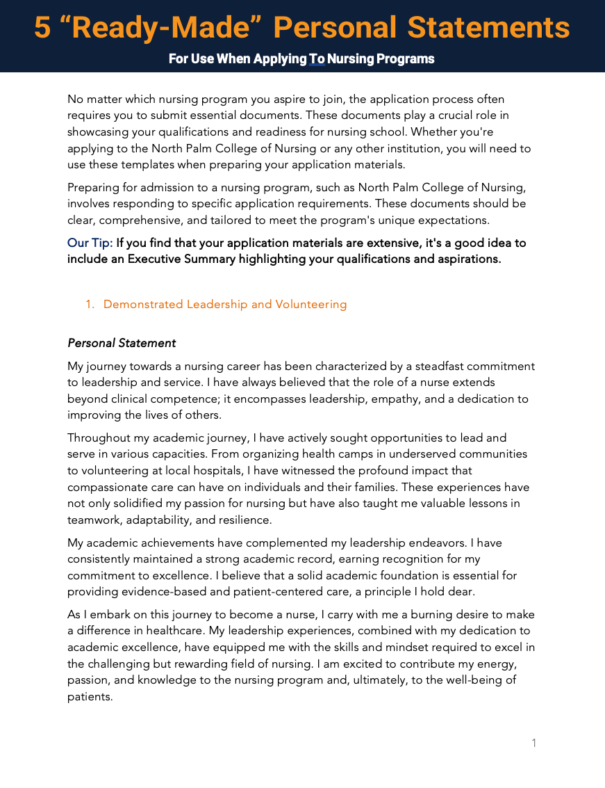Personal Statement Template - North Palm College of Nursing